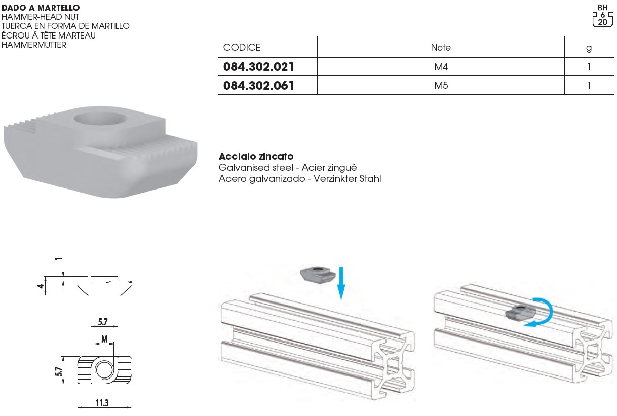 M5 HAMMER-HEAD NUT - 6mm slot - (084.302.061)