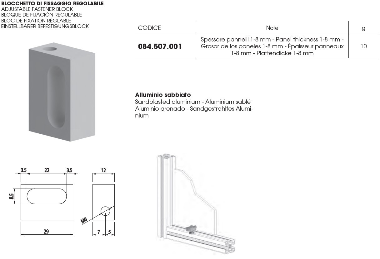 ADJUSTABLE FASTENER BLOCK - Panel thickness 1-8 mm - (084.507.001)