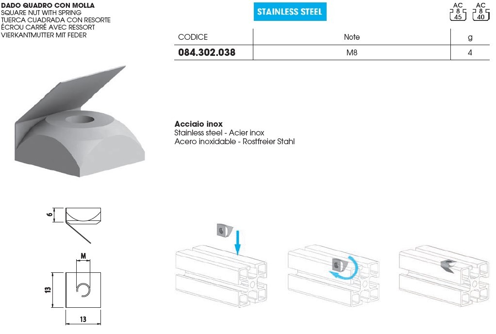 M8 SQUARE NUT WITH SPRING - 8mm slot - (084.302.038)