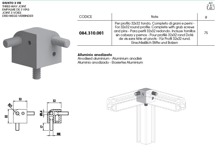 THREE-WAY JOINT For 32x32 round profile 8mm Slot - (084.310.001)